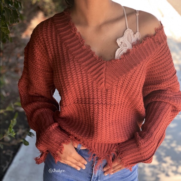 Fabutiq | Sweaters | Brickrust Distressed V Neck Sweater | Poshmark